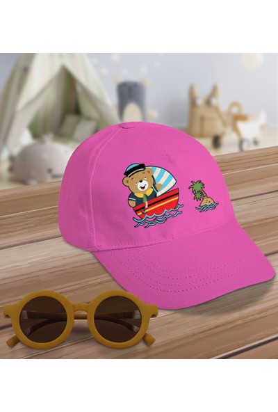 BK Kids Sevimli Kaptan Tasarımlı Pembe Cotton Çocuk Şapkası ve Sarı Çocuk Güneş Gözlüğü Hediye Seti-2