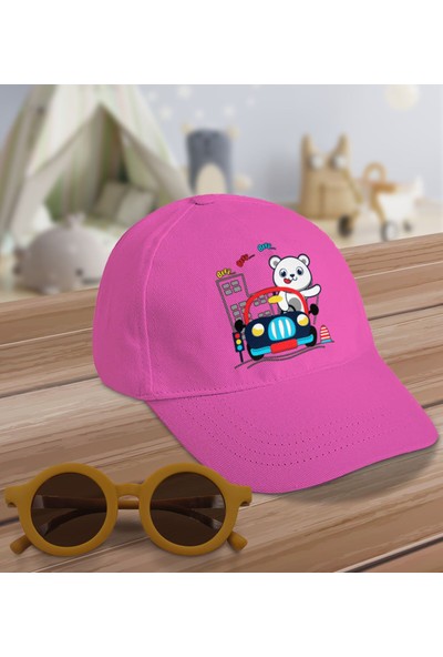 BK Kids Sevimli Sürücü Tasarımlı Pembe Cotton Çocuk Şapkası ve Sarı Çocuk Güneş Gözlüğü Hediye Seti