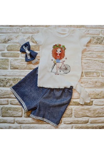 Kızıl Saçlı Bisikletli Kız Figürlü Kısa Kol Yazlık Çocuk Takımı - Toka Hediyeli - Kız