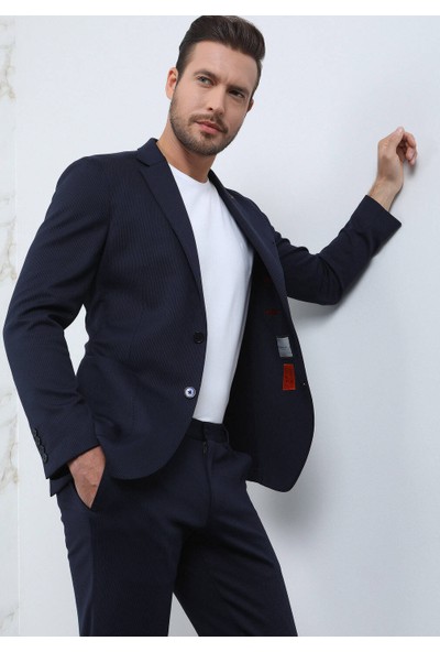 Lacivert Çizgili Comfort Fit Pamuk Karışımlı Örme Takım Elbise