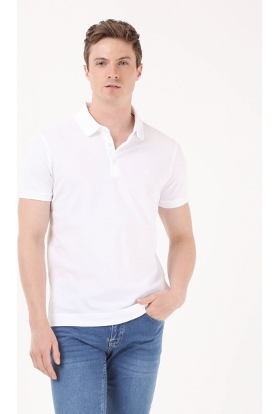 Beyaz Jakarlı Polo Yaka %100 Pamuk T-Shirt