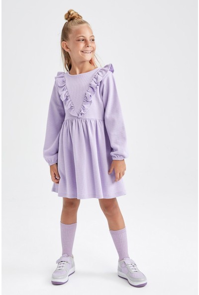 DeFacto Kız Çocuk Bisiklet Yaka Uzun Kollu Waffle Elbise Y5039A622AU