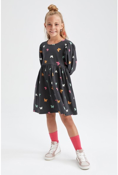 DeFacto Kız Çocuk Bisiklet Yaka Kelebek Desenli Uzun Kollu Elbise Y5050A622AU