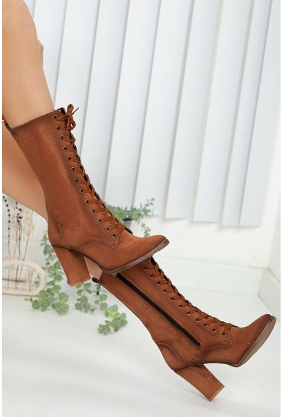 Pabucmarketi Bağcıklı Taba Süet Kadın Çizme