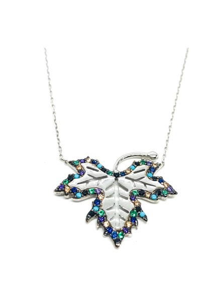 Nisa 925 Ayar Gümüş Renkli Zirkon Taşlı Çınar Yaprağı Kolye