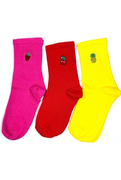 Kiviva 3 Çift Meyve Nakış Baskılı Yumuşak Pamuklu Kadın Soket Kolej Çorabı