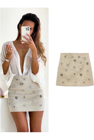 Zra Model Taşlı Keten Etek Bej 2672 Zra Model Taşlı Keten Etek Bej 2672
