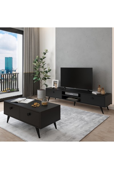Robin Home Arya Tv Ünitesi Tv Sehpası Orta Sehpa 2'li Set Siyah