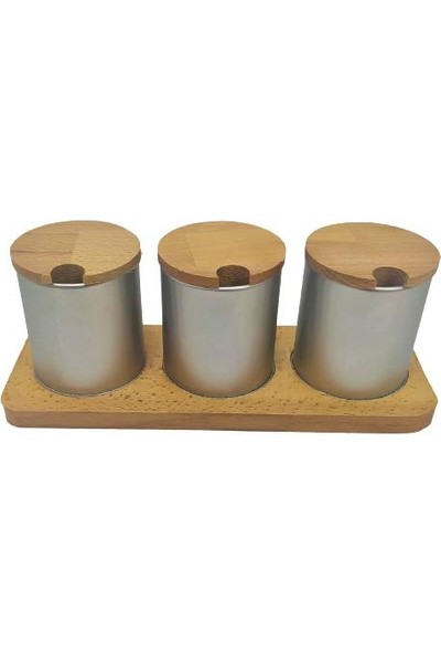Can-Tin Can -Tin Ahşap Kapaklı Metal Baharatlık 3'lü