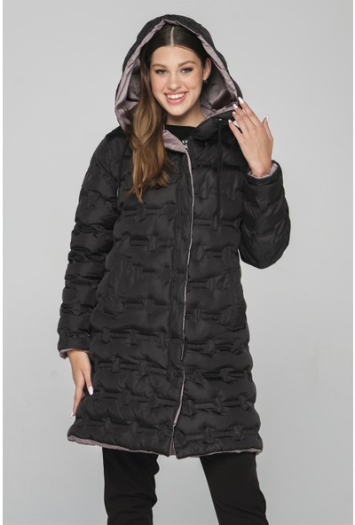 Olcay Kapüşonlu Çift Taraflı Desenli Şişme Mont Siyah-Gri 6391