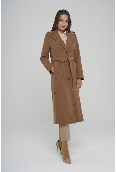 Olcay Apoletli Belden Kuşaklı Ara Boy Kaban Taba 3841