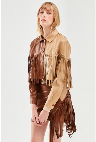 Quzu Püsküllü Iki Renk Deri Ceket - Kahverengi Kahverengi - S