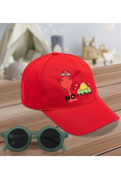 BK Kids No Problem Tasarımlı Kırmızı Cotton Çocuk Şapkası ve Yeşil Çocuk Güneş Gözlüğü Hediye Seti BK Kids No Problem Tasarımlı Kırmızı Cotton Çocuk Şapkası ve Yeşil Çocuk Güneş Gözlüğü Hediye Seti