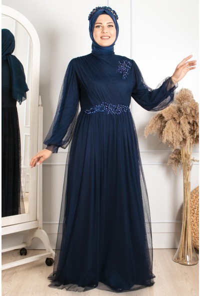 Modaviki Güpürlü Tül Abiye Lacivert FHM844