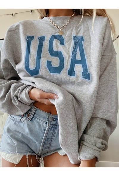 Laluvia Kadın Gri Usa Baskılı Oversize Sweatshirt