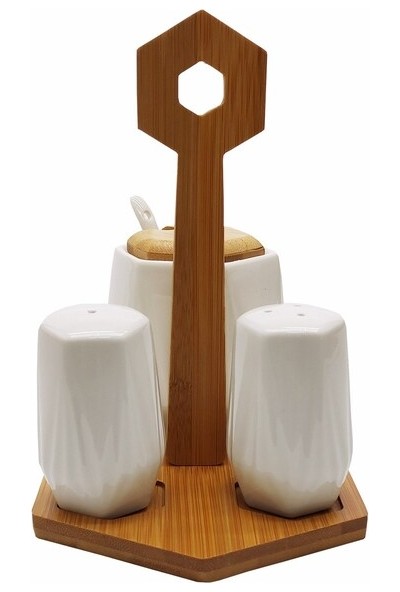 Fma Leva House 3 Lü Porselen Bambu Standlı Tuzluk Biberlik