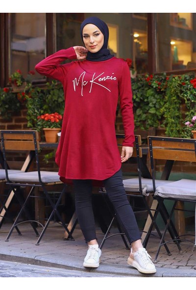 Hakimoda Bordo Bisiklet Yaka Baskılı Tunik