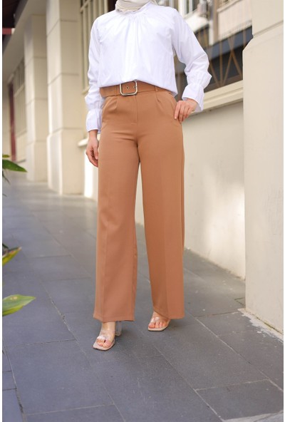 Hakimoda Camel Kemerli Pileli Pantolon