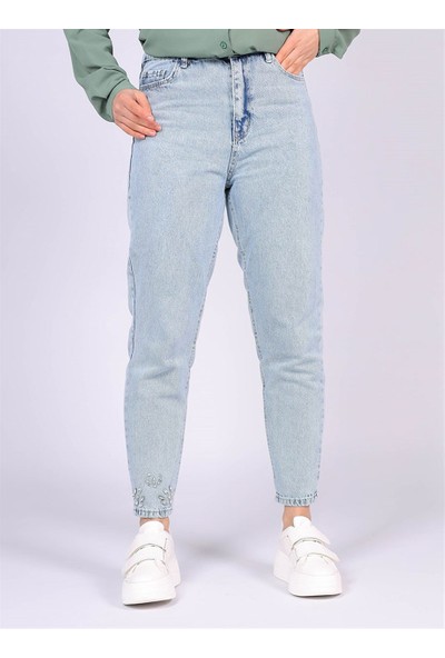 Hakimoda Açık Mavi Paçası Taşlı Kot Jean