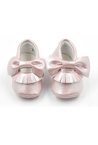 Simli Pembe Fiyonk Püsküllü Bebek Ayakkabı