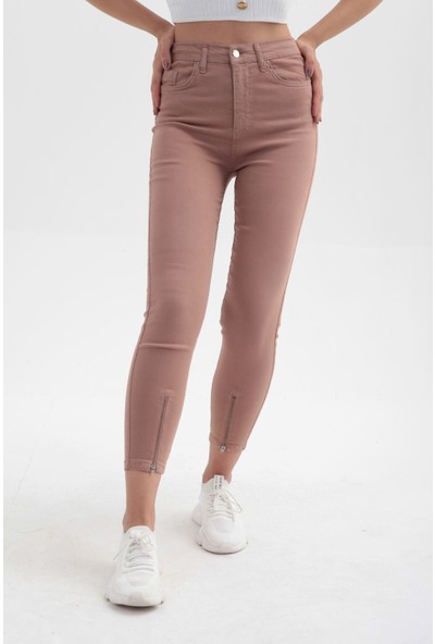 Coral Paçası Fermuarlı Dar Pantolon Vizon