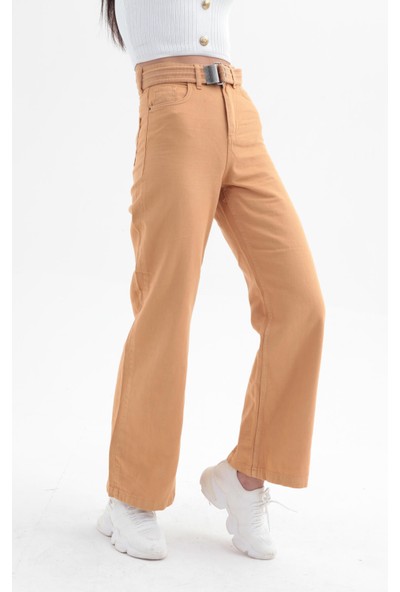 Coral Kemerli Geniş Paça Pantolon Bej