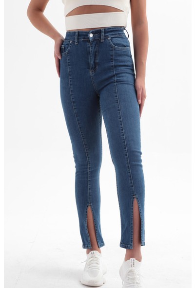 Coral Paçaları Önden Yırtmaçlı Kot Pantolon Mavi
