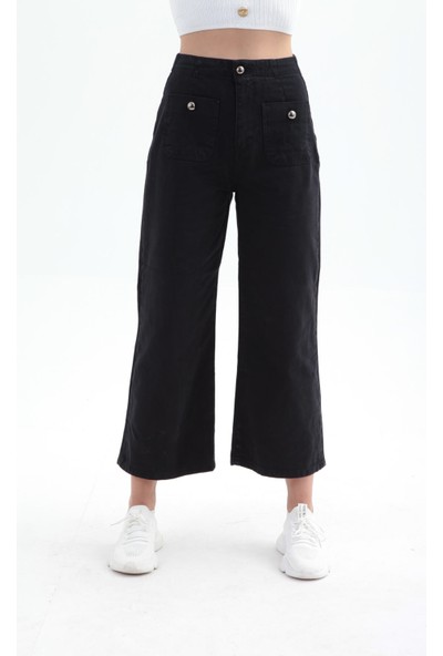 Coral Çift Cepli Yüksek Bel Geniş Pantolon Siyah