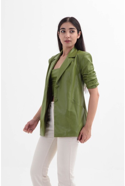 Coral Büzgülü Yarım Kol Deri Ceket Yeşil