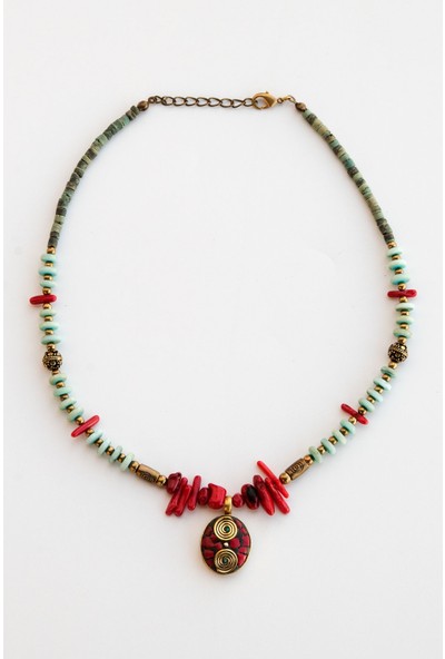 Lila Rosa Mercan Doğal Taşlı Etnik Otantik Kolye