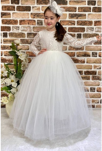 Abiye Kids Dantelli Tam Boy Çocuk Beyaz Abiye