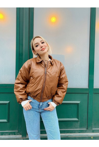 Kadın Suni Deri Şişme Mont-Kahverengi