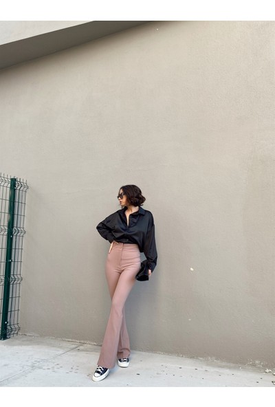 Kadın Yüksek Bel Ispanyol Paça Kumaş Pantolon-Vizon