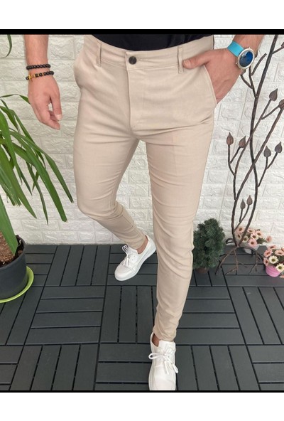 Erkek Krem Petek Desen Keten Pantolon Erkek Krem Petek Desen Keten Pantolon