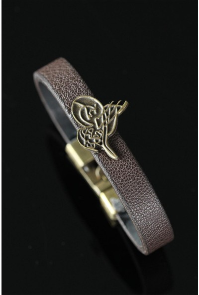 Peaces Store Erb Eskitme Metal Osmanlı Tuğrası Kahverengi Deri Erkek Bileklik