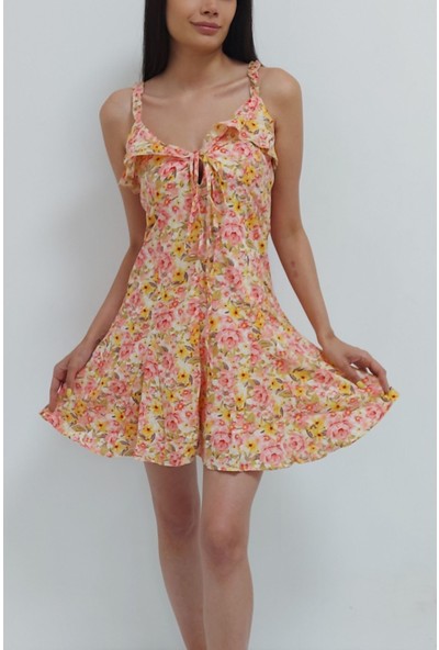 İnobag Askılı Çiçek Desenli Elbise Ekru