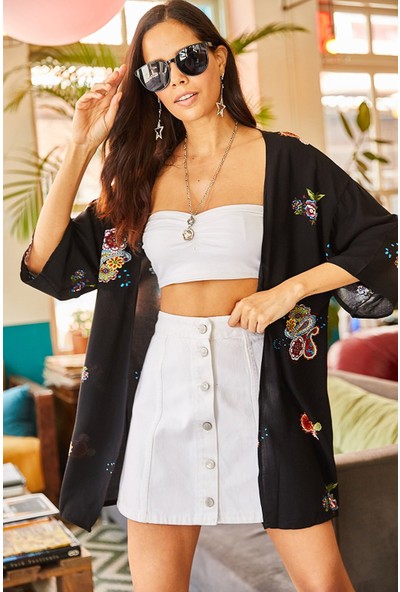 Opc Fashıon Kadin Siyah Nakis Detayli Kimono