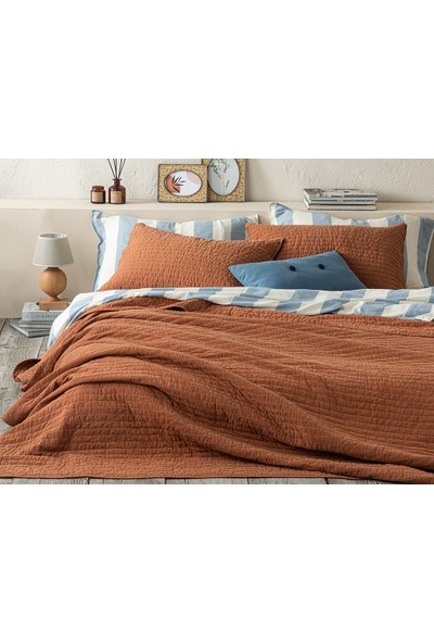 English Home Ancient Stripe Kapitoneli Antik Boyama Çift Kişilik Yatak Örtüsü Takımı 240X260 cm Terracotta