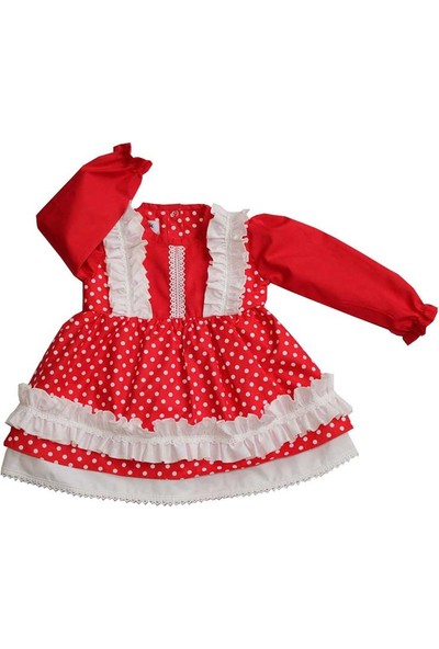 Beyaz Puantiyeli Kırmızı Fırfırlı Elbise