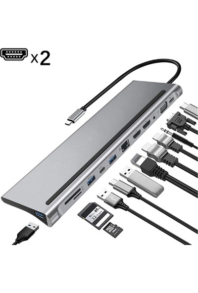 Vendas 12'li Type-C Girişli Type-C (Pd-Çift HDMI-VGA-RJ45-SD-USB*3.0) Notebook Hub Adaptör Çokla Vendas 12'li Type-C Girişli Type-C (Pd-Çift HDMI-VGA-RJ45-SD-USB*3.0) Notebook Hub Adaptör Çokla