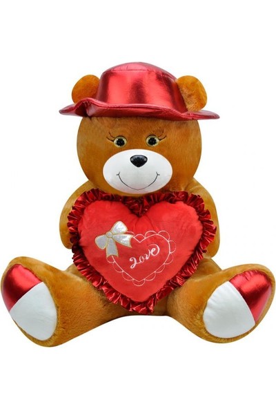 Hephesaplı Şapkalı Ayı 60 cm Kahverengi Kalpli Pelüş Ayı Sevgiliye Hediye