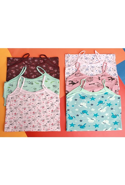 Kız Çocuk Penye Desenli Ince Asklılı Atlet 6'li Paket Kız Çocuk Penye Desenli Ince Asklılı Atlet 6'li Paket
