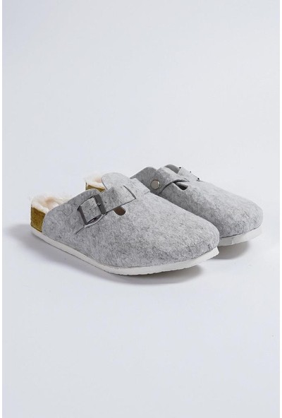 Bpm Kadın Gri Jelly Süet Içi Kürklü Tokalı Terlik