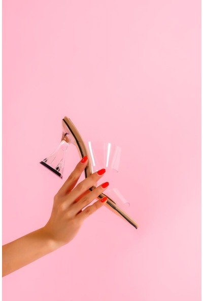 Basskan Kadın Nut Şeffaf Topuk Şeffaf Bant Terlik