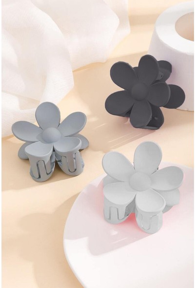 Voilove Kadın Trend 3'lü Gri Papatya Çiçek Mandal Toka Seti