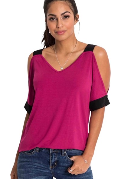 Pikka Online Kadın Omzu Açık Şerit Detay Viskon Spor Şık Dökümlü Büyük Beden Bluz