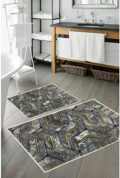 Nurbal Halı Gri Beyaz Gold Geometrik Desenli 2'li Banyo Takımı (60 x 100 cm / 40 x 60 Cm) - Banyo Paspası