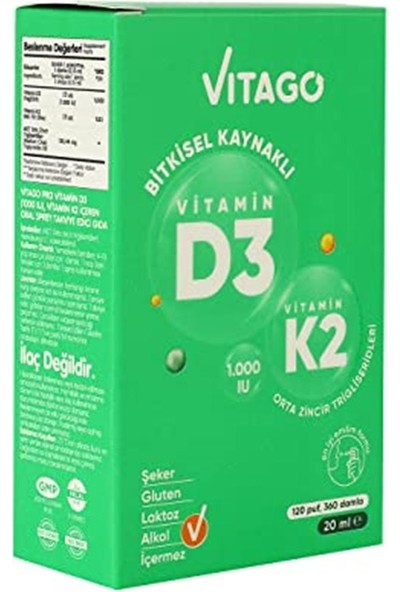 Vitago Vitamin D3 (1000 Iu) + Vitamin K2 Içeren 20 Ml Bitkisel Bazlı Sprey (1)