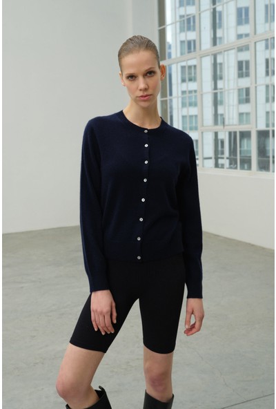 Silk And Cashmere Lacivert Saf Kaşmir Yuvarlak Yaka Uzun Kollu Valerie Düğmeli Hırka
