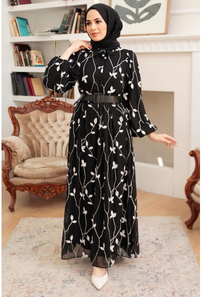 Neva Style - Yaprak Desenli Siyah Tesettür Elbise 10287S Neva Style - Yaprak Desenli Siyah Tesettür Elbise 10287S
